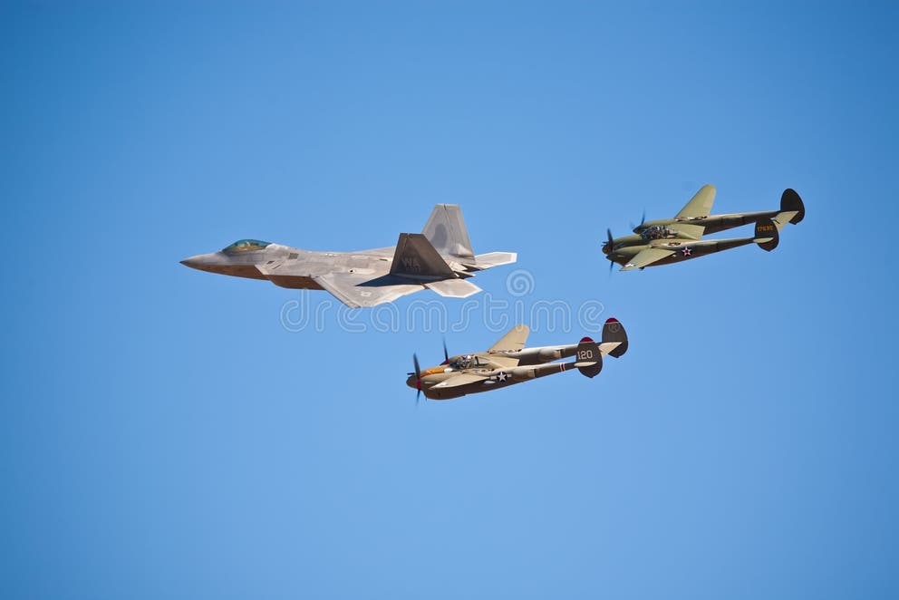 F-22 Raptor and P-38 Lightning Formation Editorial Stock Image - Image ...