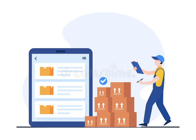 Checking Boxes. Worker Checking Stock Inventory and Making Notes before ...