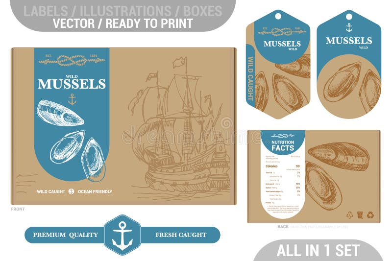 Mussel Seafood Packaging Design Set - Vector Illustration with Labels ...