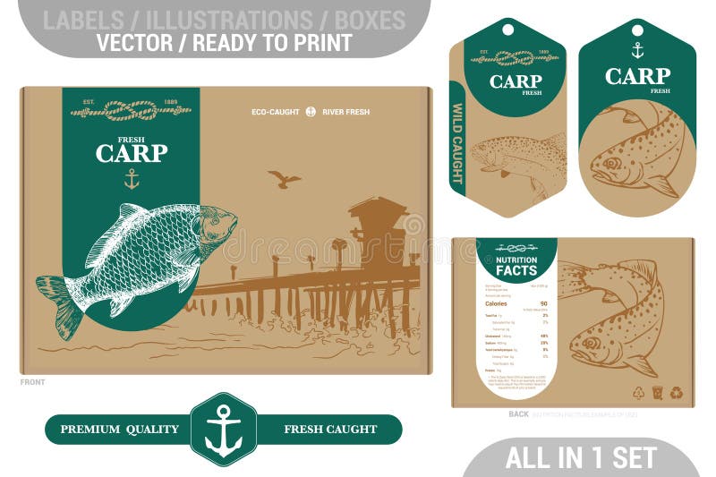 River Carp Packaging Design Set - Vector Illustration with Labels and ...