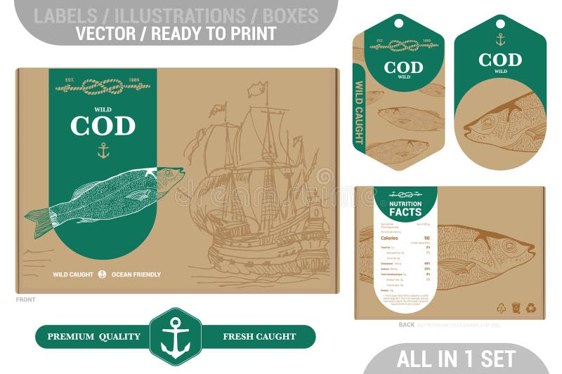 Cod Seafood Packaging Design Set - Vector Illustration with Labels and ...