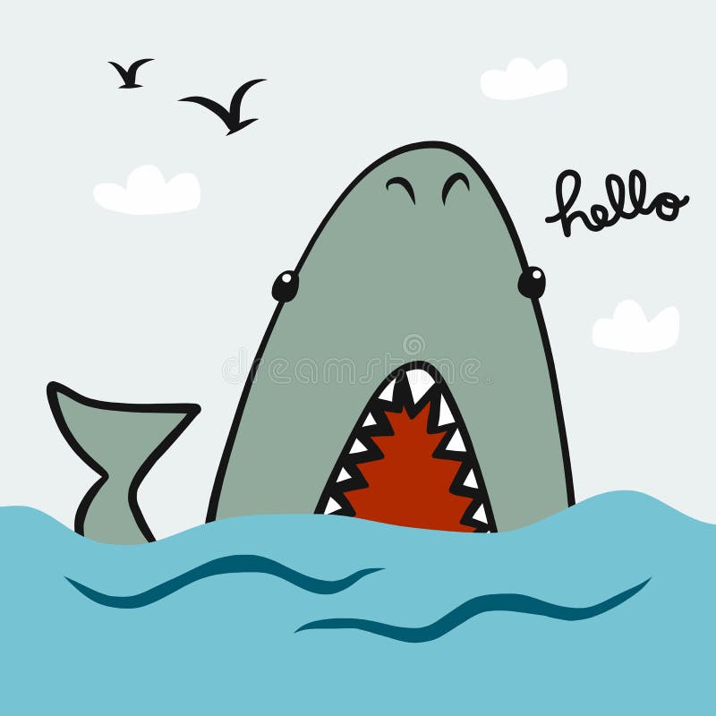 Shark Say Hello in the Sea Cartoon Illustration Doodle Style Stock ...