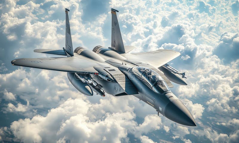 F-15 Eagle Fighter Jet Soaring through Clouds in Bright Blue Sky Stock ...