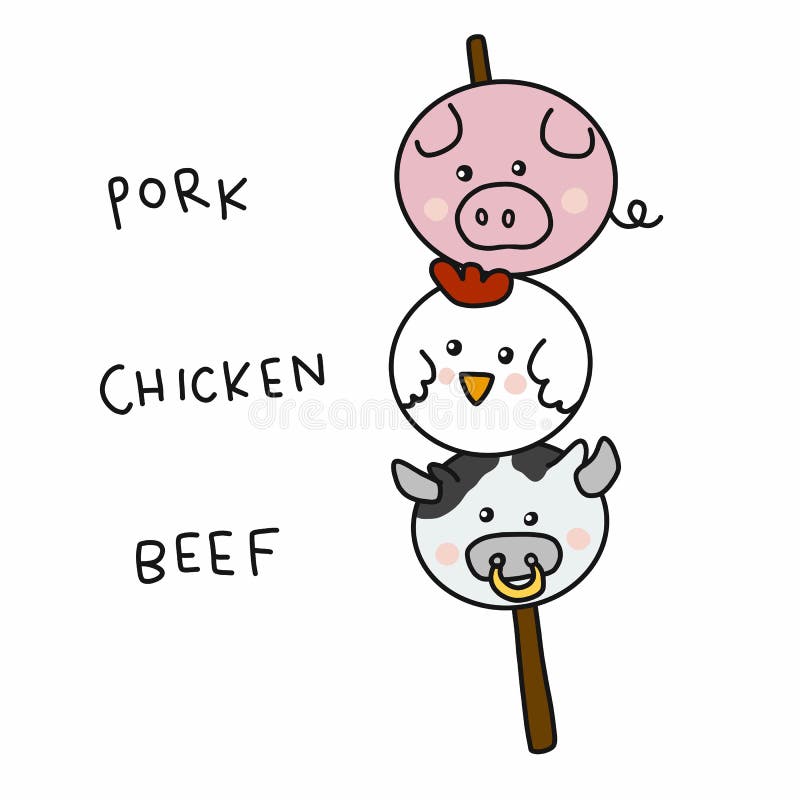 Pork, Chicken and Beef Ball in Wood Stick Cartoon Illustration Stock ...