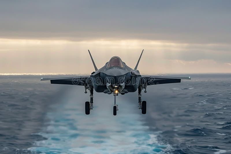 F-35 Fighter Jet Executing a Precision Landing Over the Ocean at Dusk ...