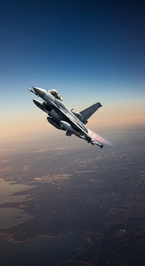 F-16 Fighter Jet in Flight with Afterburner Over Cityscape at Sunset ...