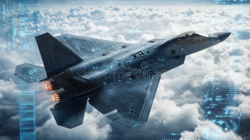 F 20 Fighter Jet in Flight among Clouds with Futuristic Air Combat Data ...