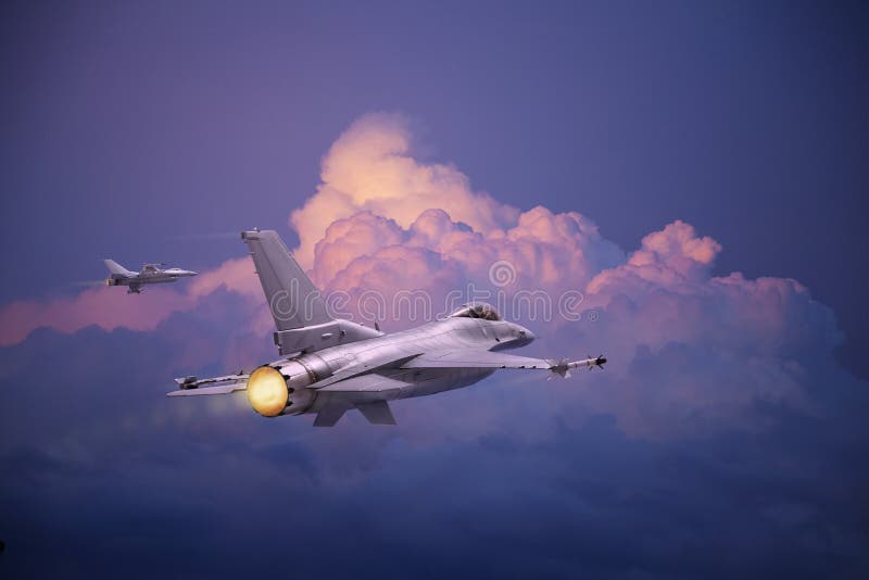 F-16 Fighting Falcon Jets Models Fly Toward Pink and Purple Clouds at ...