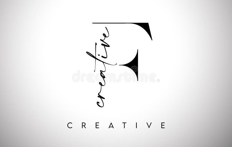 F Letter Design with Creative Cut and Serif Font in Black and White ...