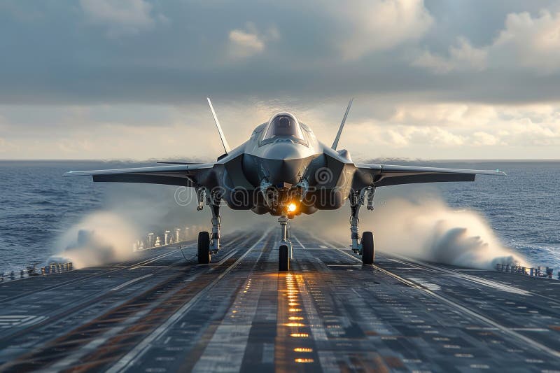 F-35 Lightning II Fighter Jet in Hover Mode on Aircraft Carrier at Sea ...