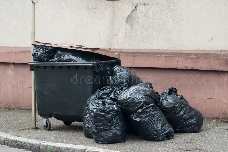 F Plastic Bags Garbage Stack Near Container in the Street Stock Photo ...