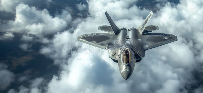 F-22 Raptor Stealth Fighter Jet Soaring Above Fluffy Clouds in Clear ...