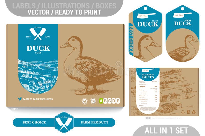 Duck Meat Packaging Design Set - Vector Illustration with Labels and ...