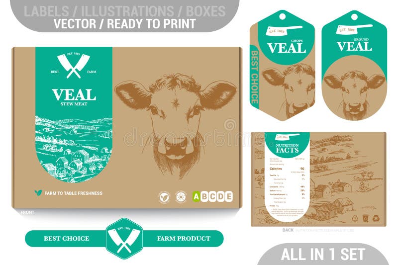 Veal Meat Packaging Design Set - Vector Illustration with Labels and ...
