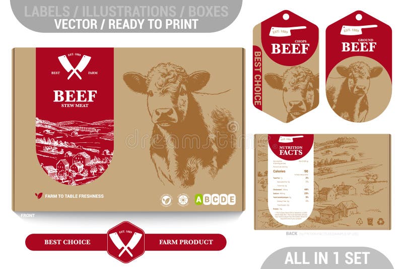 Beef Meat Packaging Design Set - Vector Illustration with Labels and ...