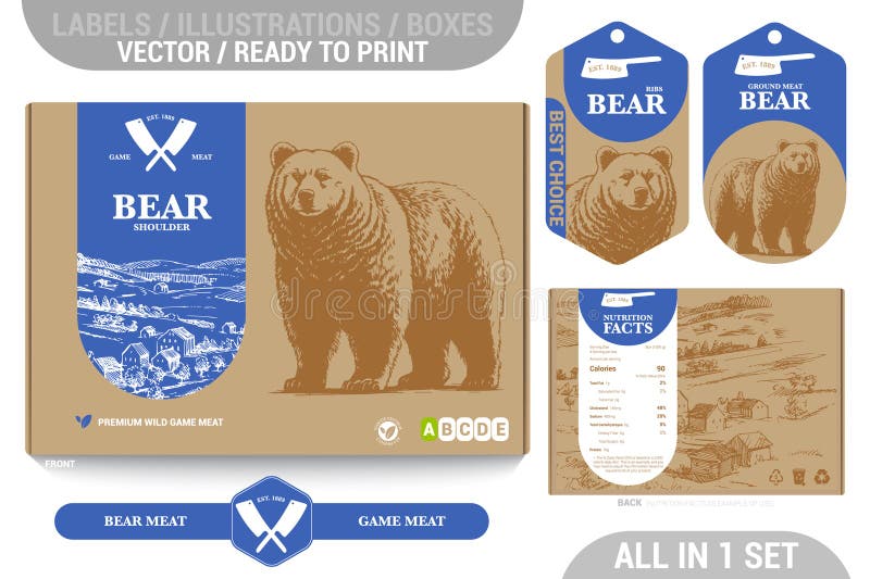 Bear Meat Packaging Design Set - Vector Illustration with Labels and ...