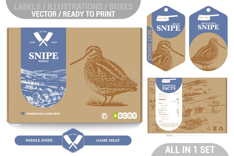 Snipe Meat Packaging Design Set - Vector Illustration with Labels and ...
