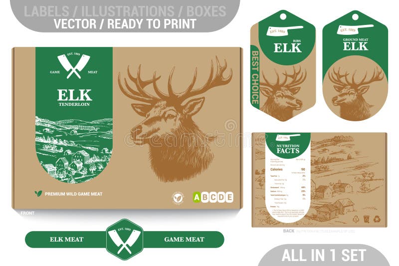 Elk Meat Packaging Design Set - Vector Illustration with Labels and ...