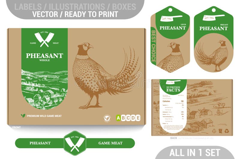 Pheasant Meat Packaging Design Set - Vector Illustration with Labels ...