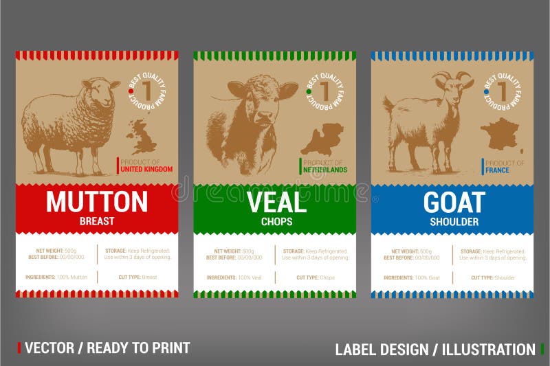 Mutton, Veal and Goat Meat Packaging Labels - Vector Illustration Set ...
