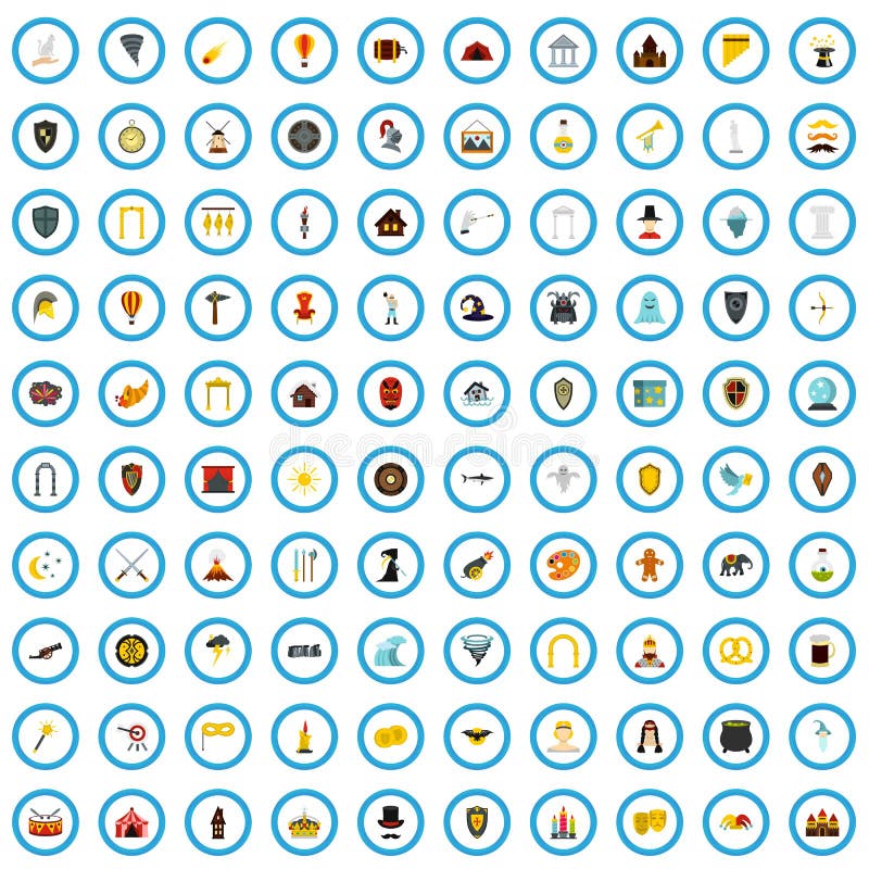 100 Fable Icons Set, Flat Style Stock Vector - Illustration of fantasy ...