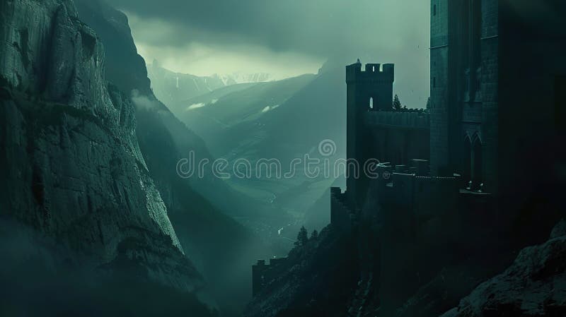 Fabled Fortress, Dark Castle Overlooking Valley, Tower Ascending ...