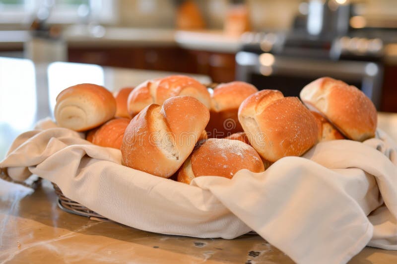 Fabric Basket with Assorted Bread Rolls on a Kitchen Counter Stock ...