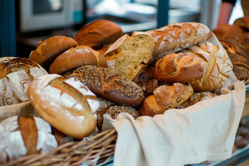 Fabric Basket Full of Assorted Bread at a Bakery Counter Stock Image ...