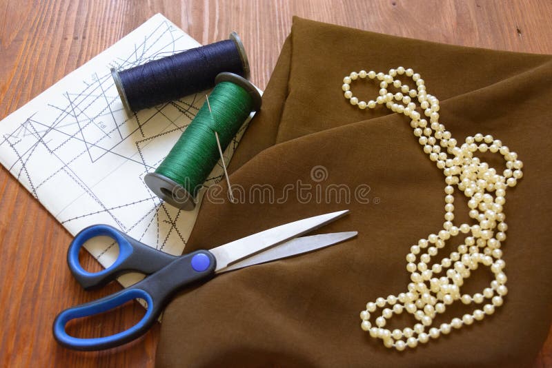 Fabric, Beads, Scissors, Chalk, Threads, Patterns, Schemes Stock Image ...