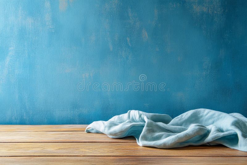 Fabric Cloth on Wood Table Top on Blue. Stock Photo - Image of white ...
