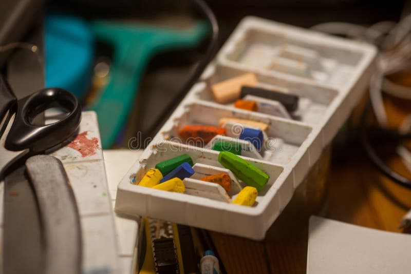Fabric Crayons. Tailor`s Workplace Stock Image - Image of designer ...