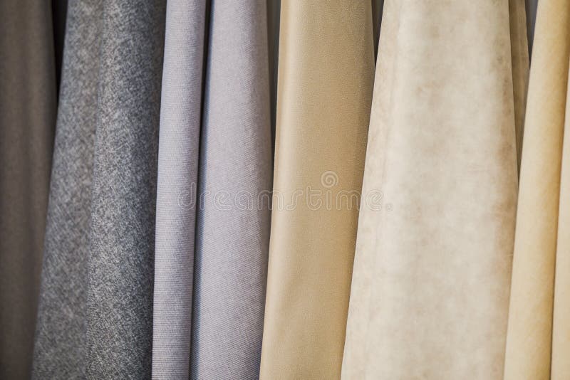 Fabric on the Curtains in the Store. Large Suede Fabric Samples Stock ...