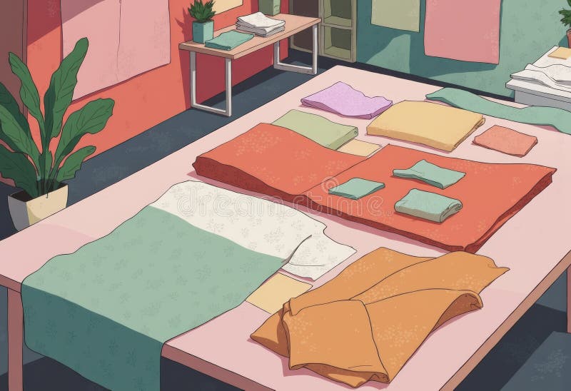 Fabric Cutting Table with Organized Pattern Layout and Colorful ...