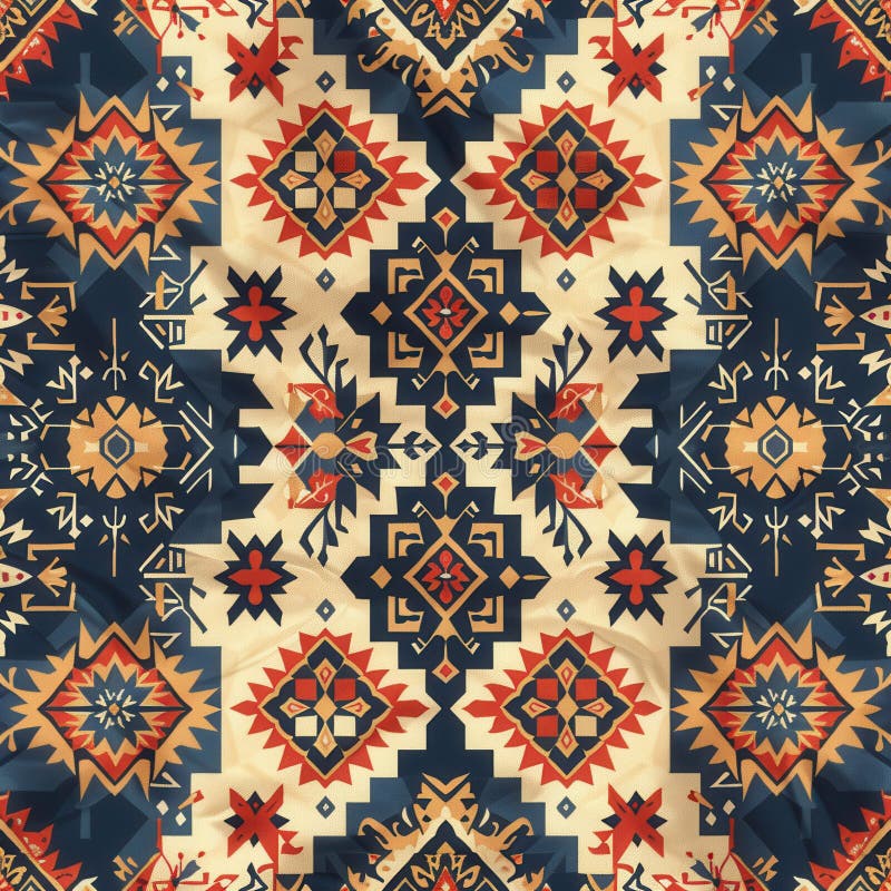 The Fabric Displays an Array of Vibrant Patterns with Geometric Shapes ...