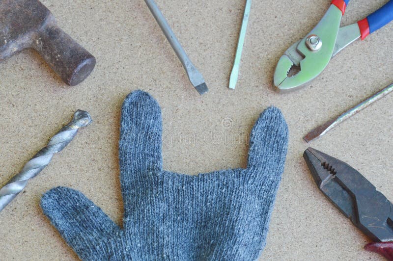 Fabric Glove and Mechanic Tool on Wooden Board Stock Image - Image of ...