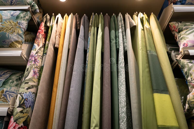 Fabric Materials in a Shop. Curtains at Market Stock Photo - Image of ...