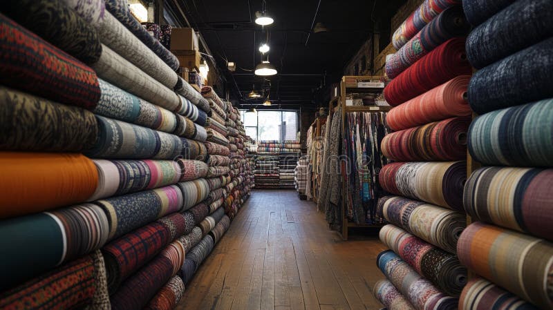 Fabric Rolls Stacked in a Retail Store Stock Illustration ...