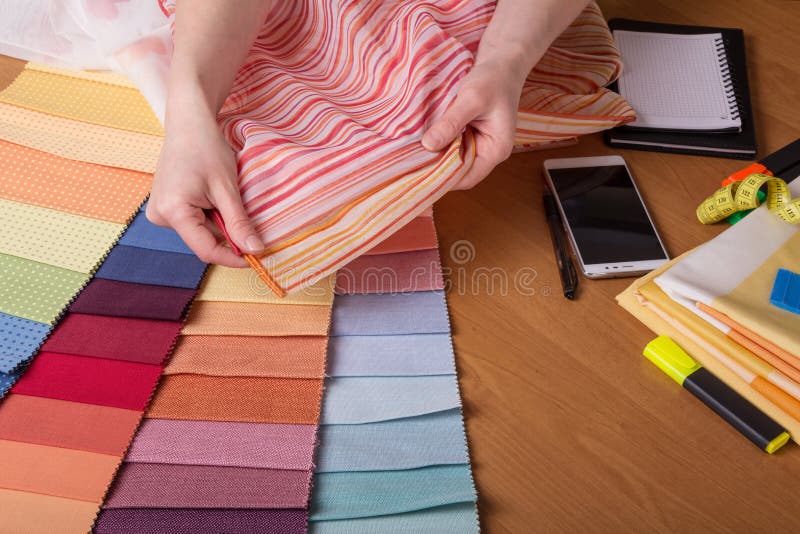 Fabric Samples on Table, Selection of Colour Stock Photo - Image of ...