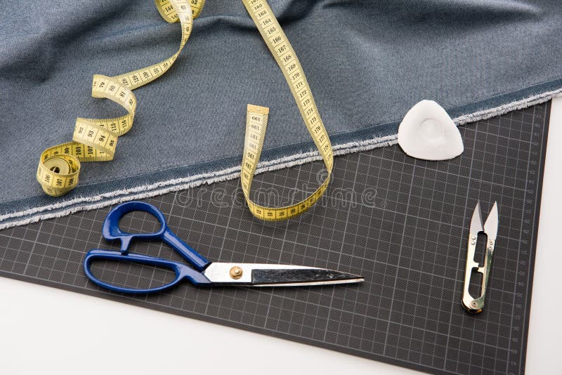 Fabric, Scissors and Measuring Tape for Dressmaking Stock Image - Image ...