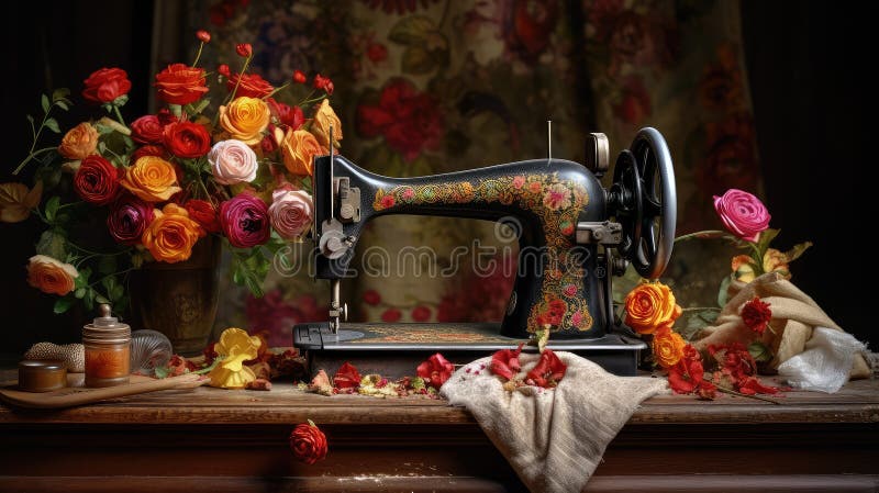 Fabric Sewing Machine with Flowers Stock Illustration - Illustration of ...