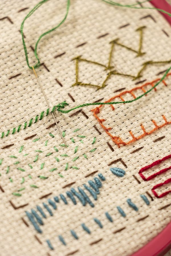 Fabric Sewn with Colored Thread with Embroidery Stitches Stock Image ...