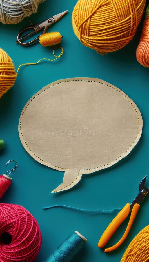 Fabric Speech Bubble with Colorful Yarns and Sewing Tools for Crafting ...