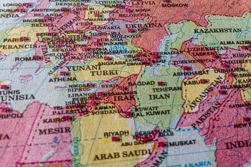 Fabric World Map with Focus on Asia and the Middle East. Stock Image ...