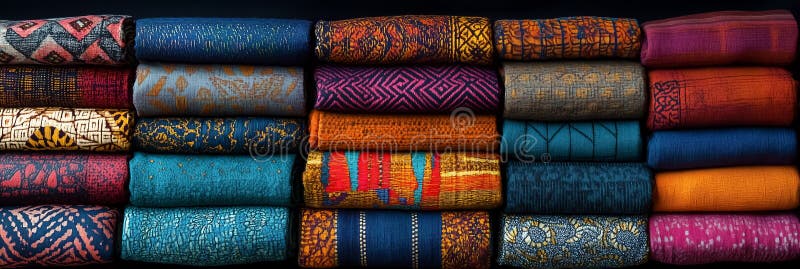 Fabrics Stacked in Vibrant Colors with Intricate Patterns and Textures ...