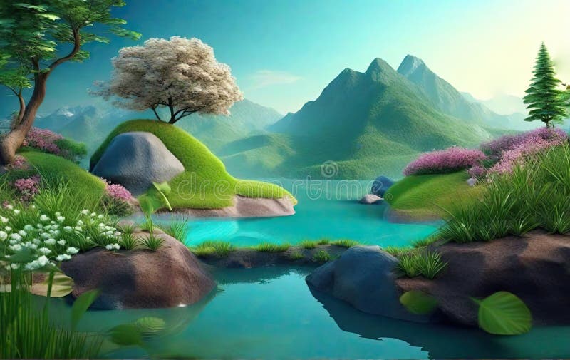 Fabulous, Cartoon Landscape of River, Greenery and Mountains Stock ...
