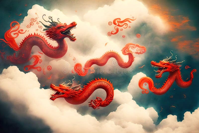 Fabulous Chinese Red Dragons Fly among White Clouds Stock Illustration - Illustration of fairy ...