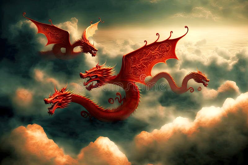 Fabulous Chinese Red Dragons Fly among White Clouds Stock Illustration - Illustration of chinese ...