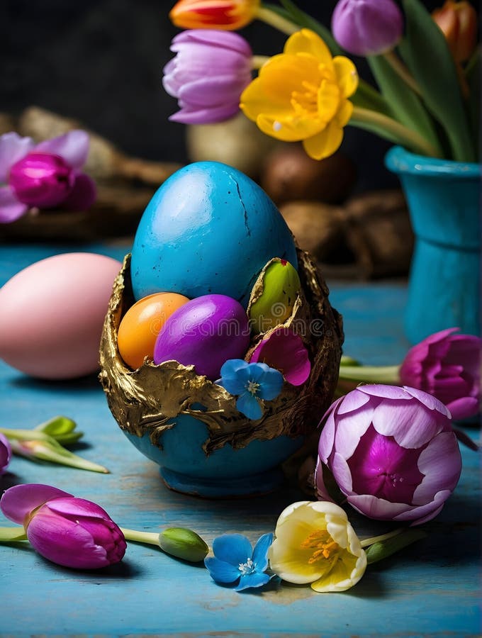 Easter Greeting with Colorful Eggs and Flowers Stock Image - Image of ...