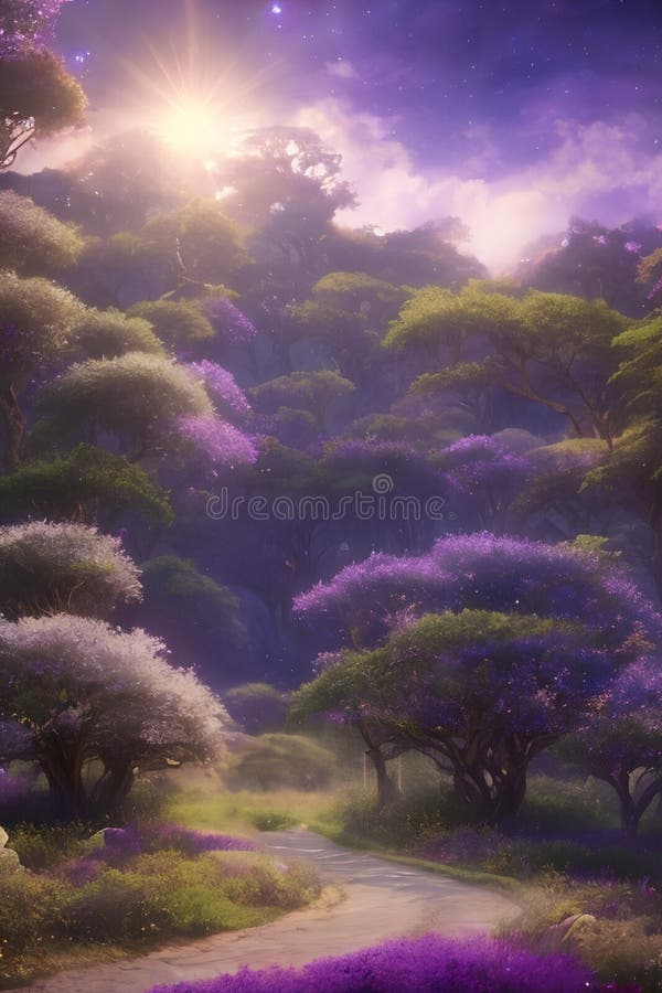 A Fabulous Forest with a Path and Purple Trees in the Sunlight Stock ...