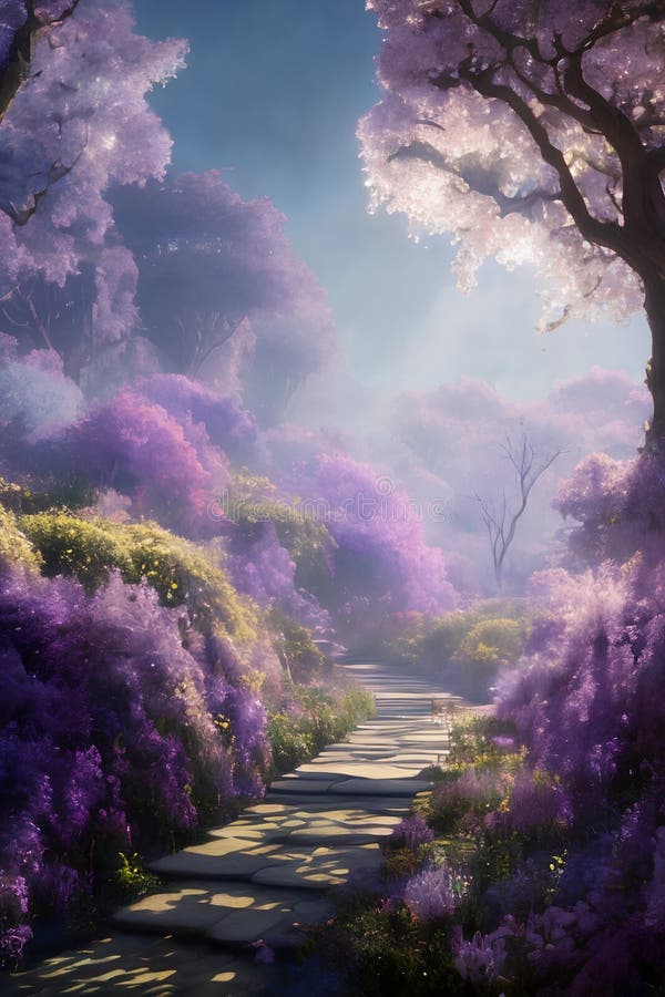 A Fabulous Forest with a Path and Purple Trees in the Sunlight Stock ...